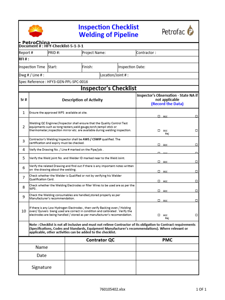 Welding Inspection Checklist Template | PDF | Welding | Construction