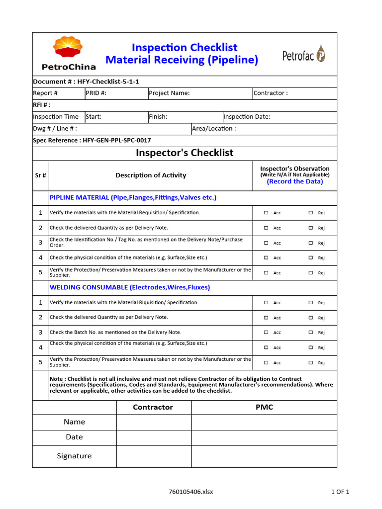 HFY Checklist 5 1 1 Pipeline Material Receiving | PDF | Pipe (Fluid ...
