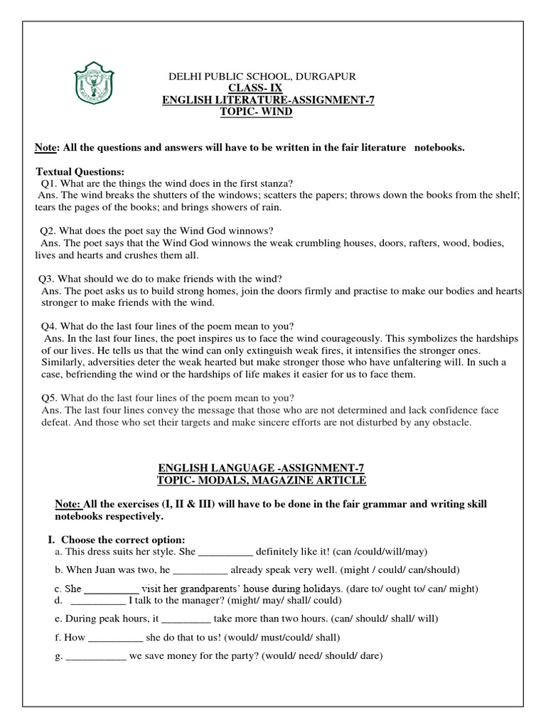 Class 9 English Assignment WIND | PDF