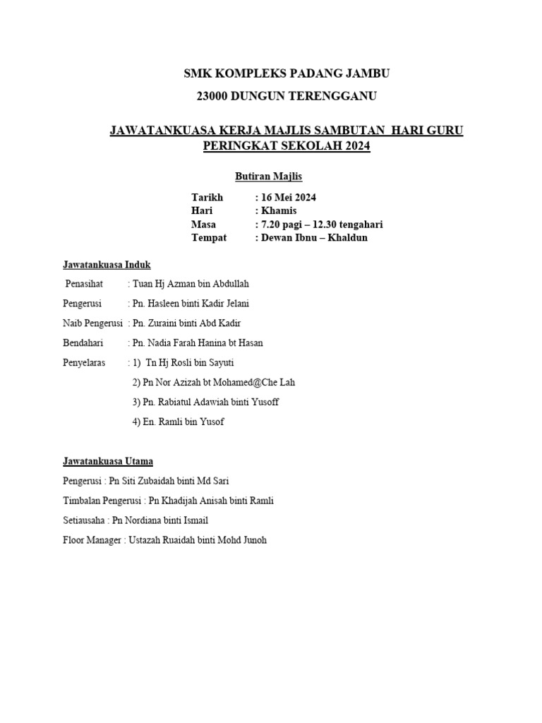 Senarai Ajk Majlis Sambutan Hari Guru 2014 | PDF Senarai Ajk Majlis Sambutan Hari Guru 2014 | PDF