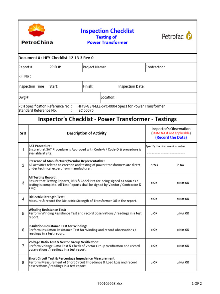 Power Transformer Testing Checklist | PDF | Transformer | Electrical ...