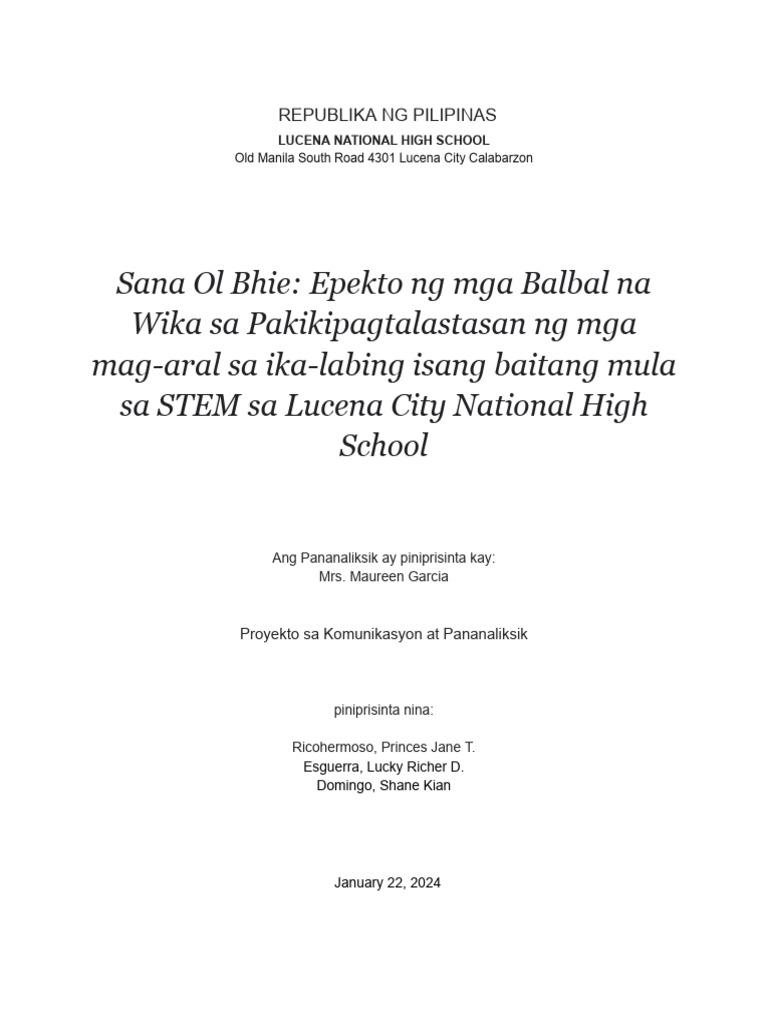 Sana Ol Bhie - Epekto NG Mga Balbal Na Wika Sa Pakikipagtalastasan NG ...