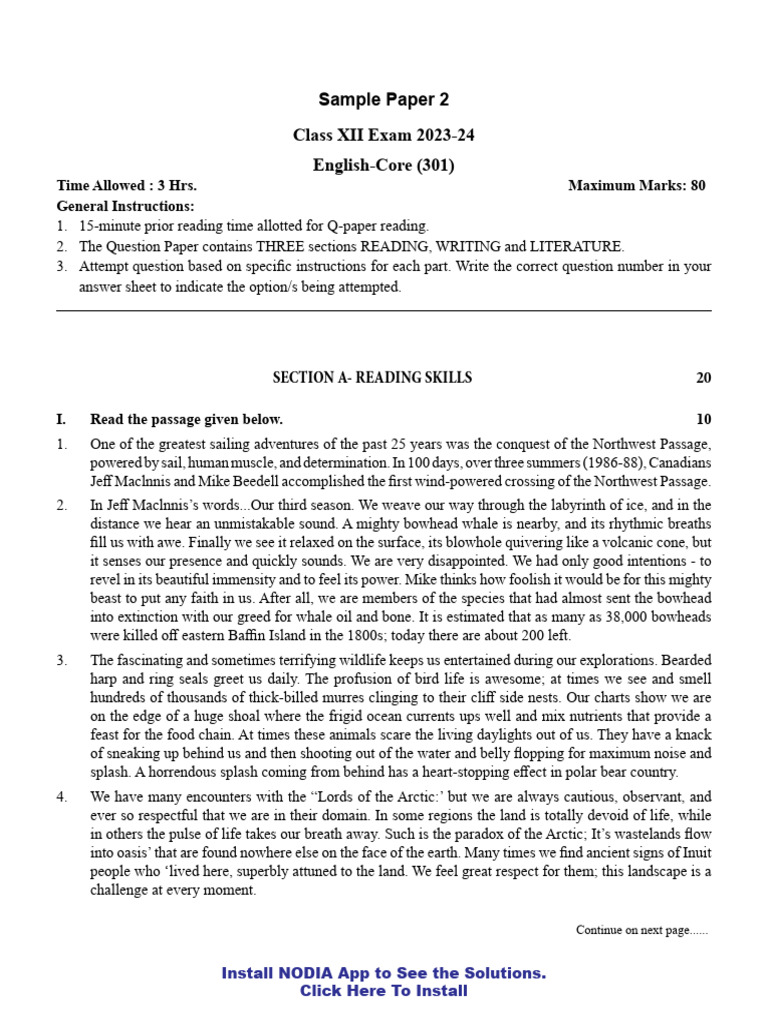 Class 12 English Core Sample Paper 02 | PDF | Northwest Passage
