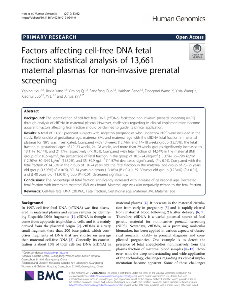 Factors Influencing Fetal DNA Fraction | PDF | Mammalian Pregnancy ...