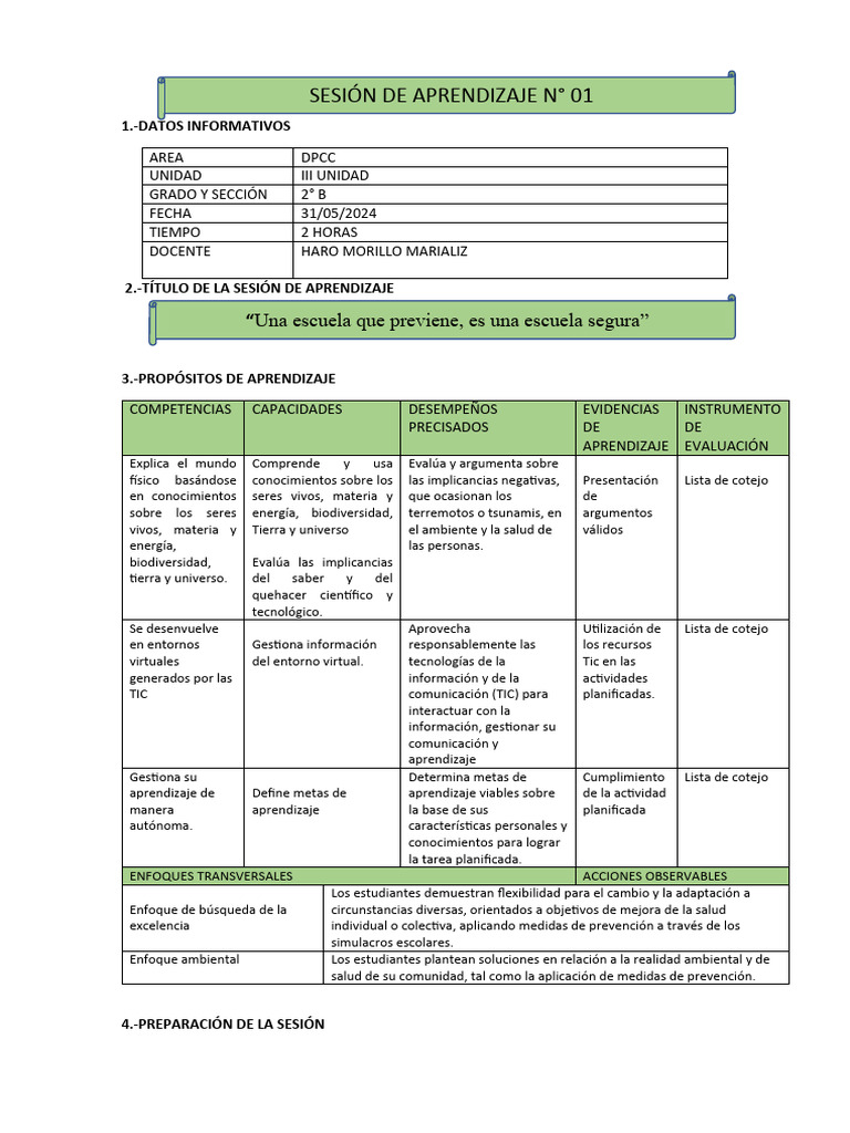 Sesion de Clase Sobre Simulacro de Sismo | PDF | Aprendizaje | Temblores