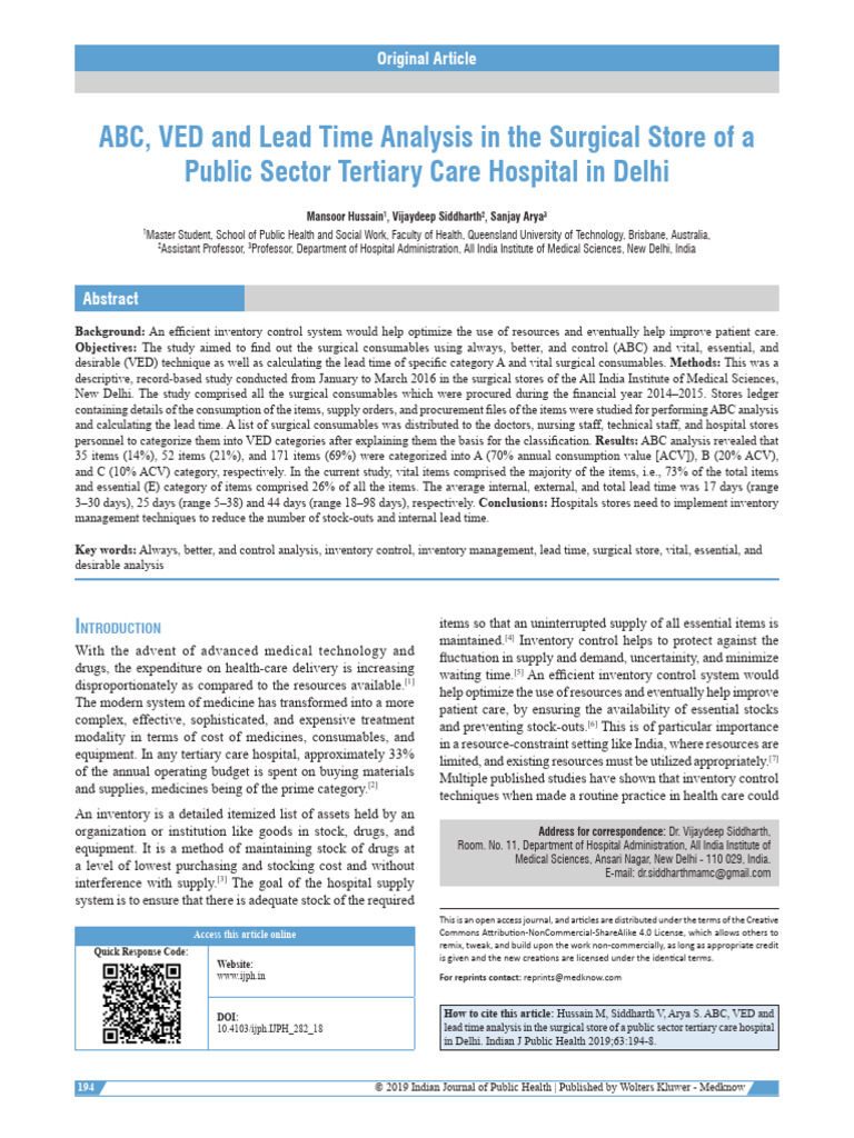 ABC, VED and Lead Time Analysis in The Surgical Store of A Public ...