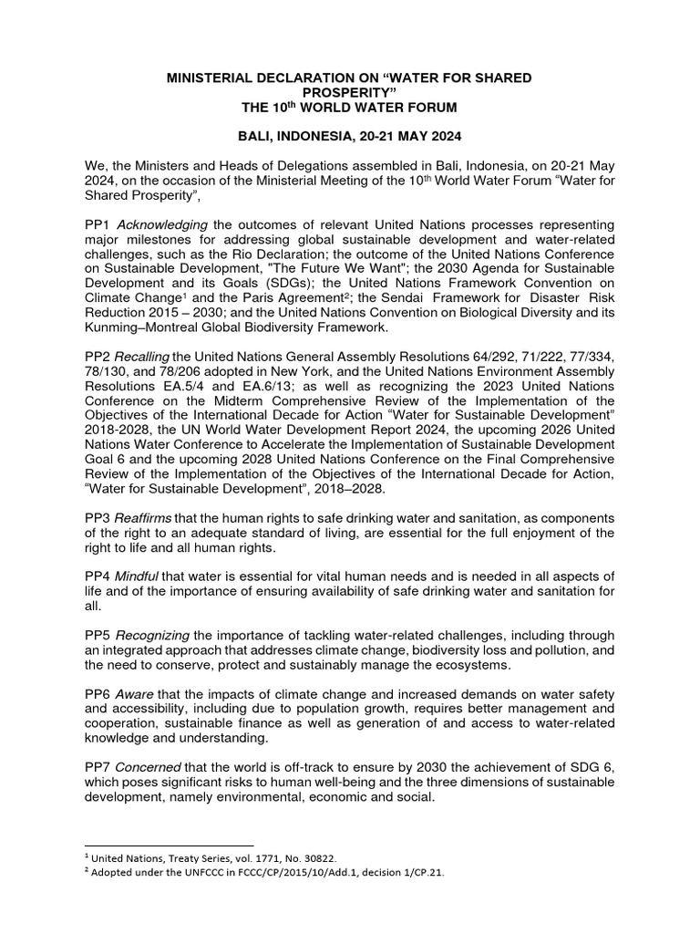 Ministerial Declaration on Water Prosperity | PDF | Water Resources ...