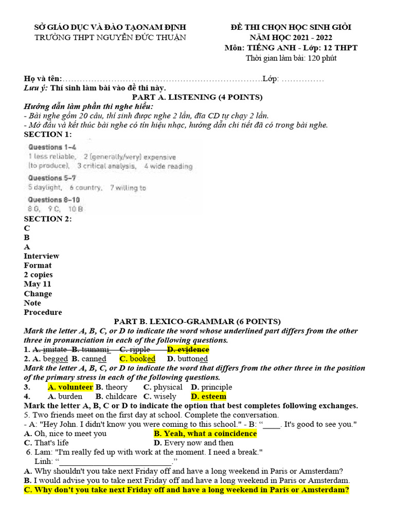 Lexico-Grammar Exam for Grade 12 | PDF | Moon