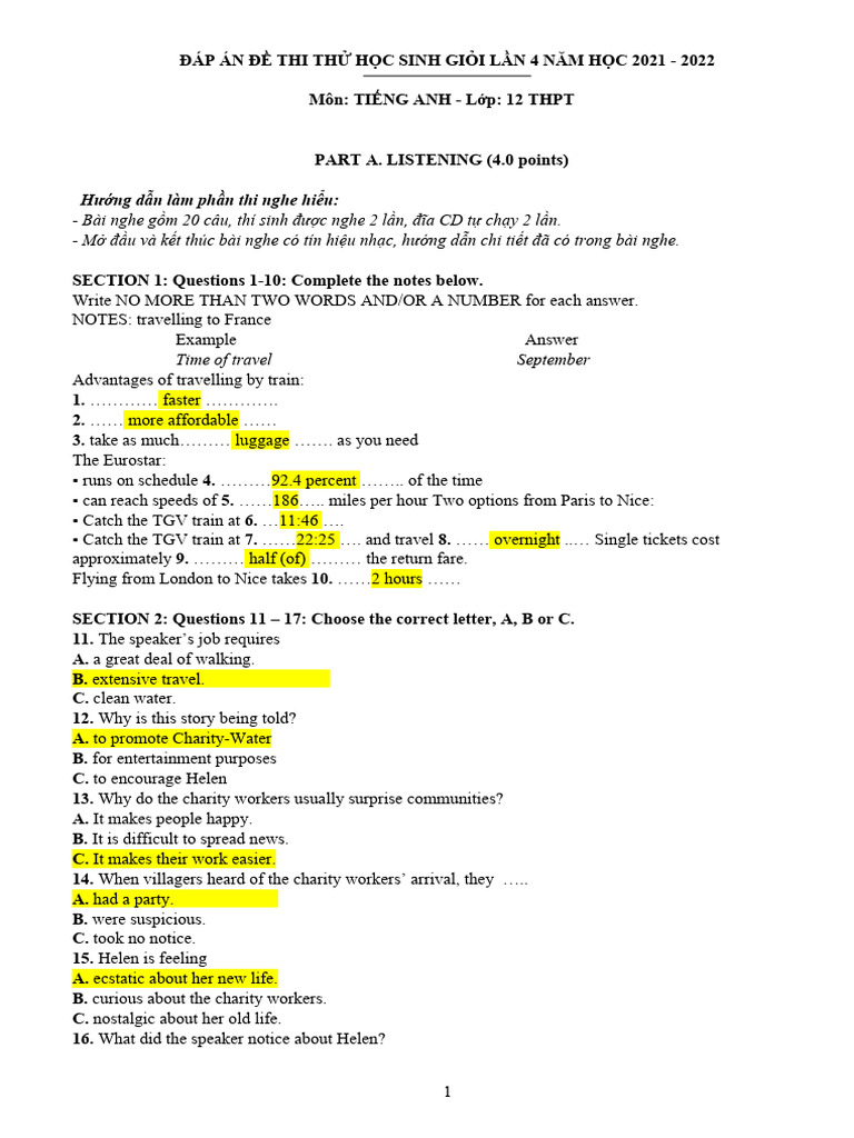 24.ĐÁP ÁN HSG 12 LẦN 4 2021 2022 | PDF