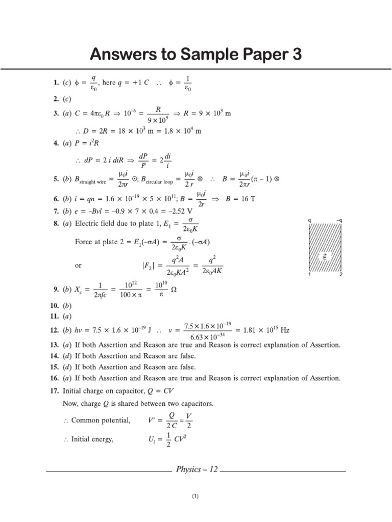 Cbse Cl12 Ead Physics Answers To Sample Paper 3 | PDF