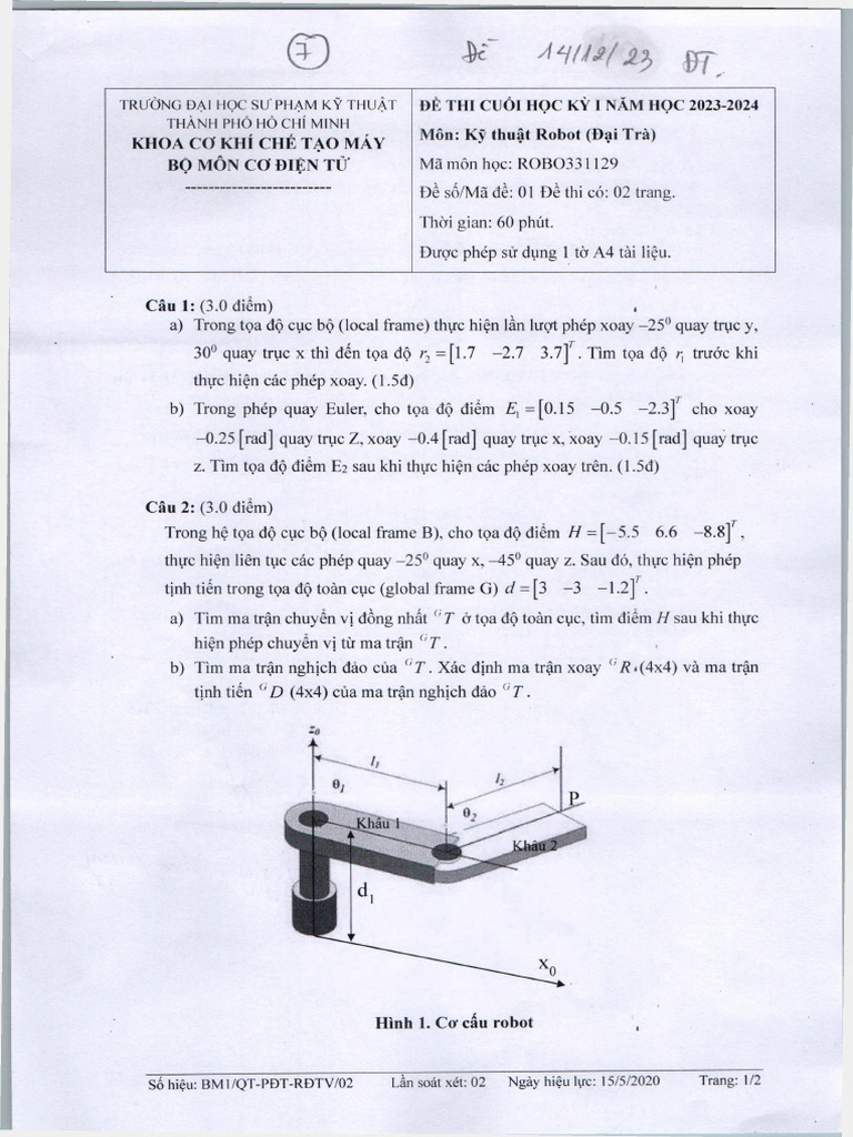 Dap An Mon Ky Thuat Robot ROBO331129 | PDF | Teaching Methods ...