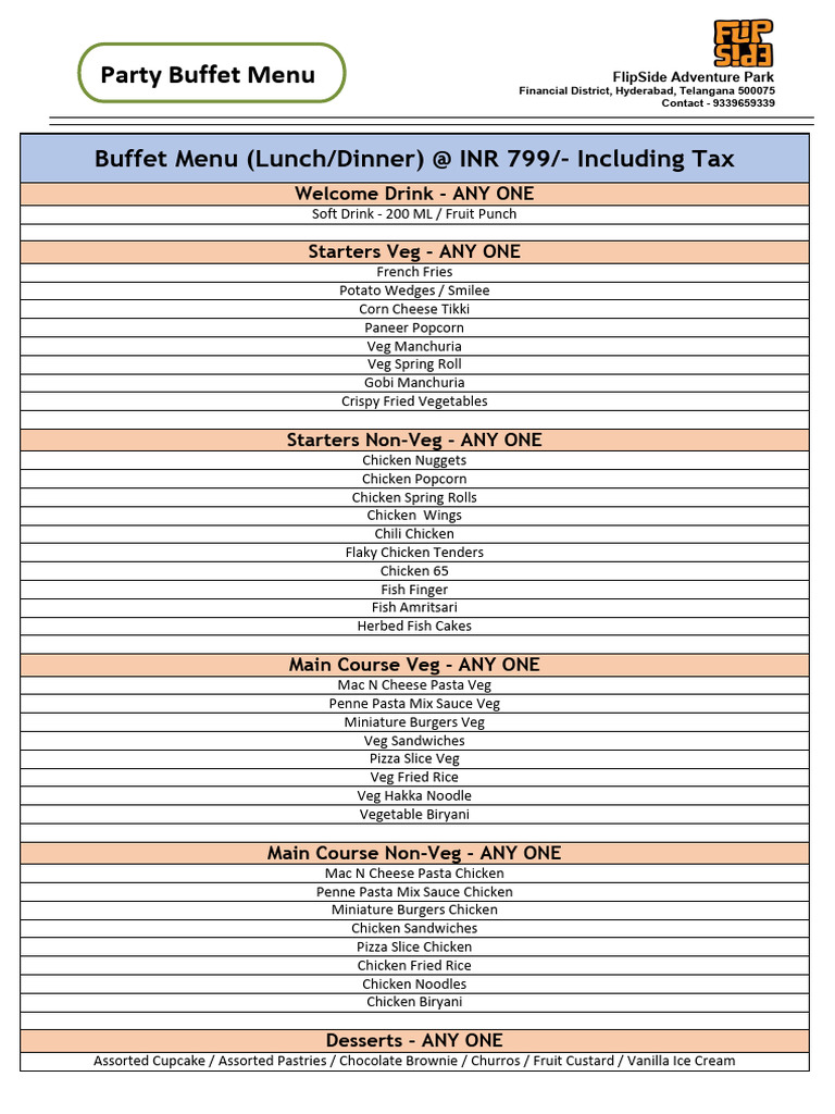 FlipSide Adventure Park Buffet Menu | PDF | Legal Liability | Hamburgers