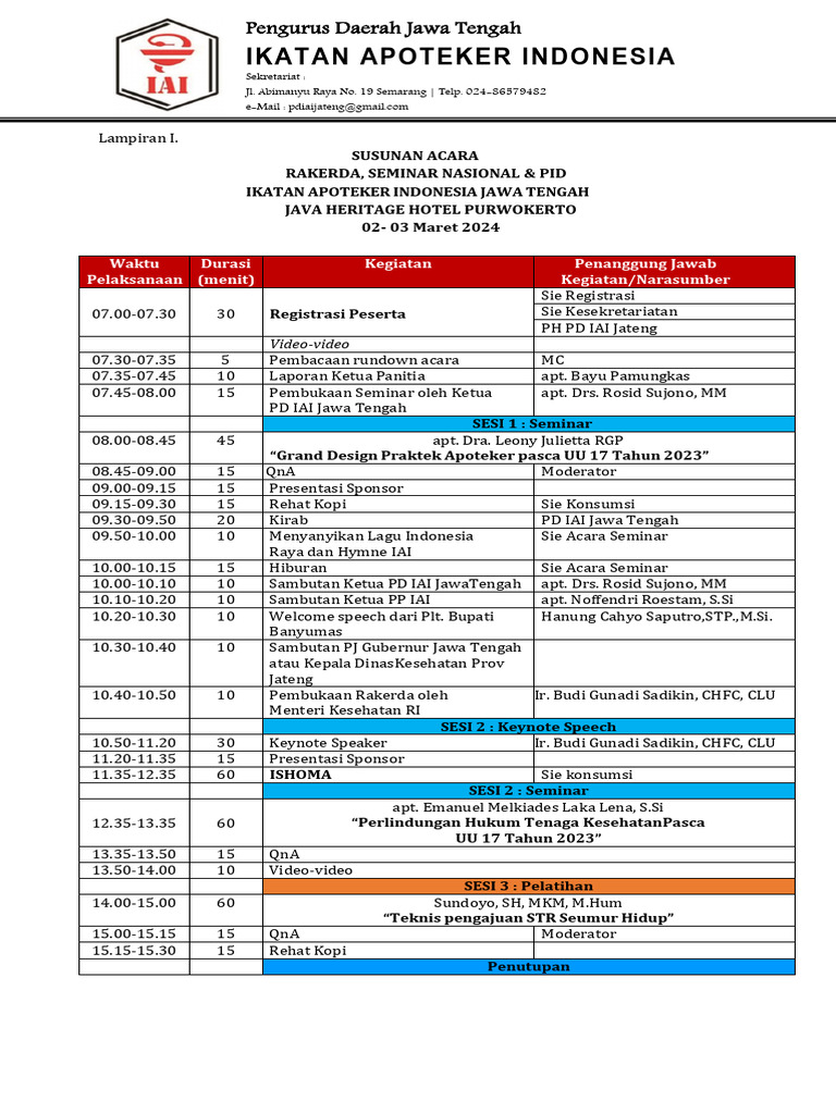Lampiran I. Susunan Acara Rakerda PD IAI Jawa Tengah Tahun 2024 | PDF
