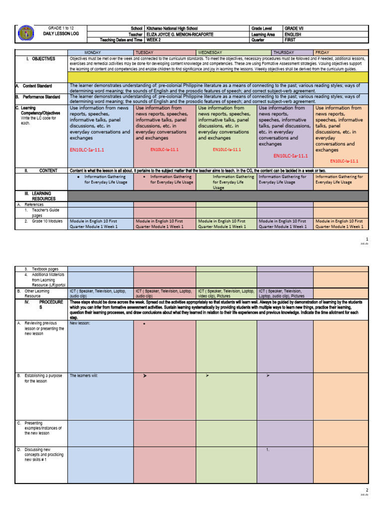 English 10 Quarter 1 Week 1-DLL | PDF | Learning | Cognition