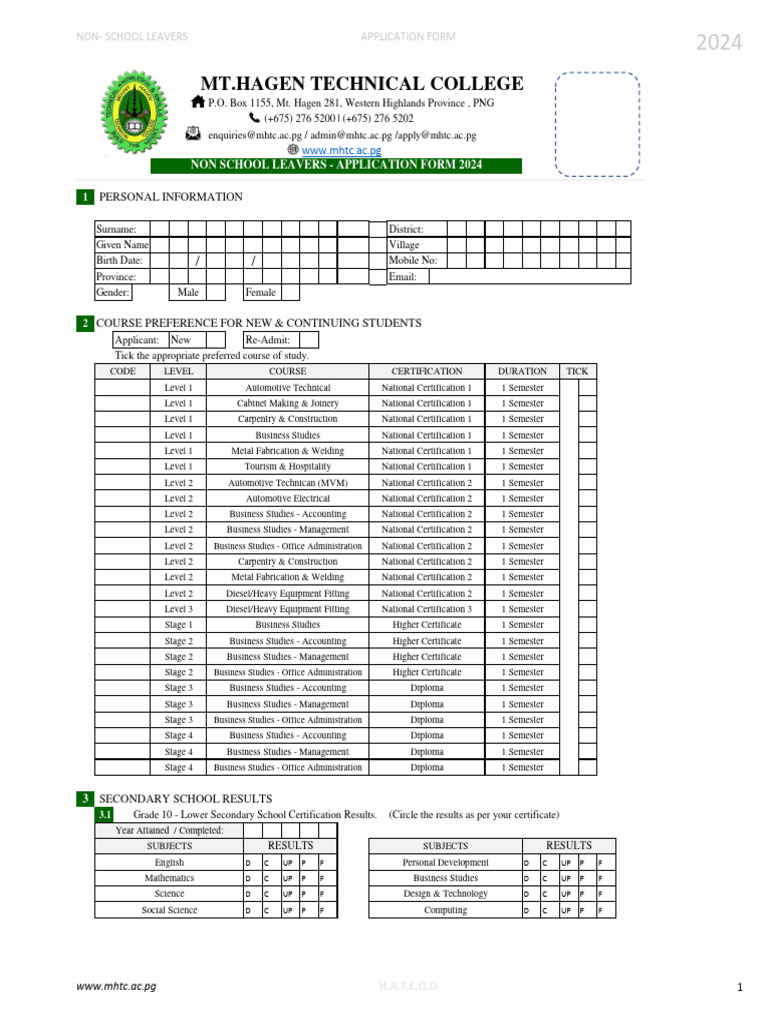 Mt. Hagen Technical College 2024 Application | PDF | Diploma | Academic ...
