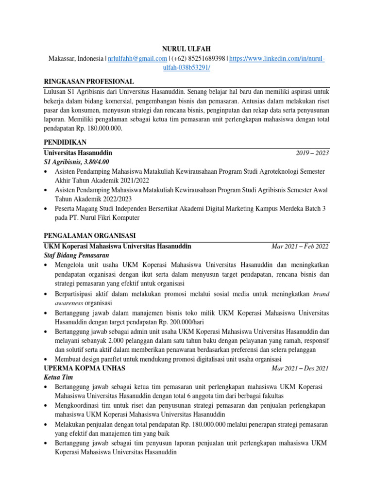 Resume Nurul Ulfah-1 | PDF | Bisnis