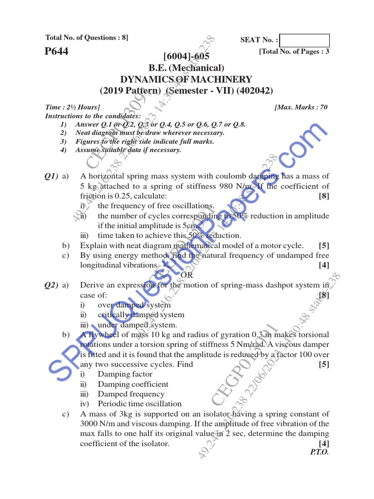 Be - Mechanical Engineering - Semester 7 - 2023 - May - Dynamics of Machinery Dom Pattern 2019 ...