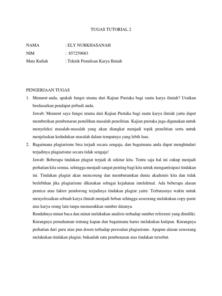 Tugas Teknik Penulisan Karya Ilmiah Tutorial 2 Ely Nurkhasanah | PDF