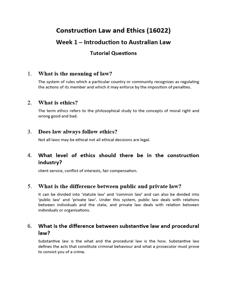Week 1 - Introduction To Australian Law - Tutorial Questions (Without ...