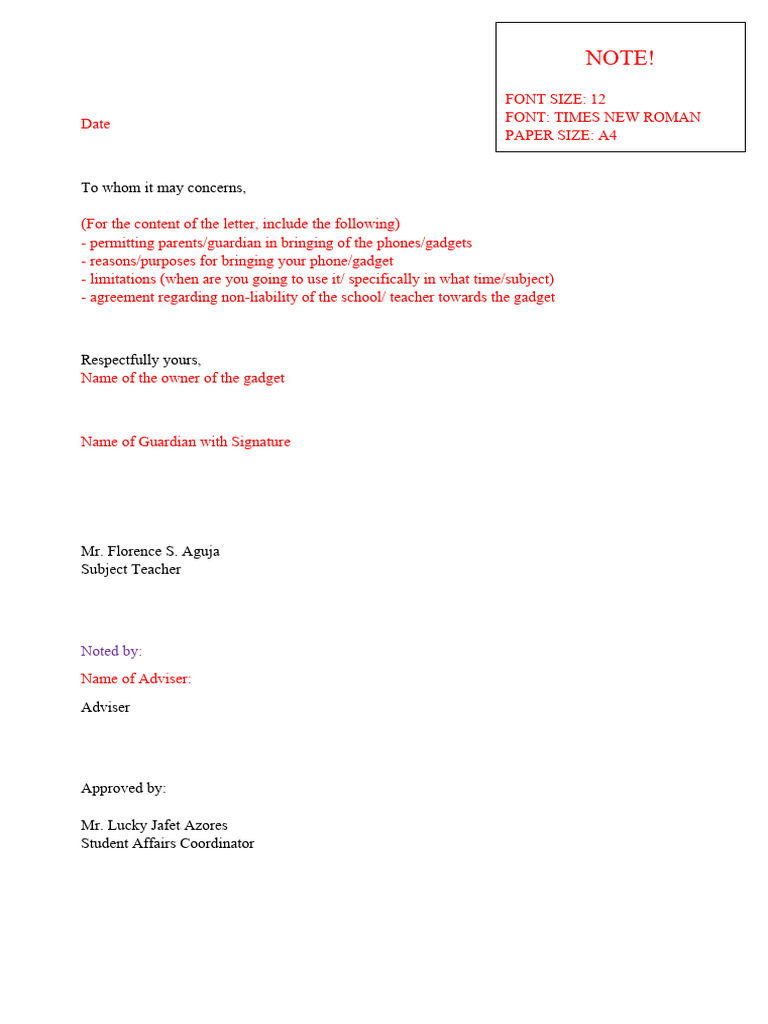 Letter For Bringing of Gadget 1 | PDF
