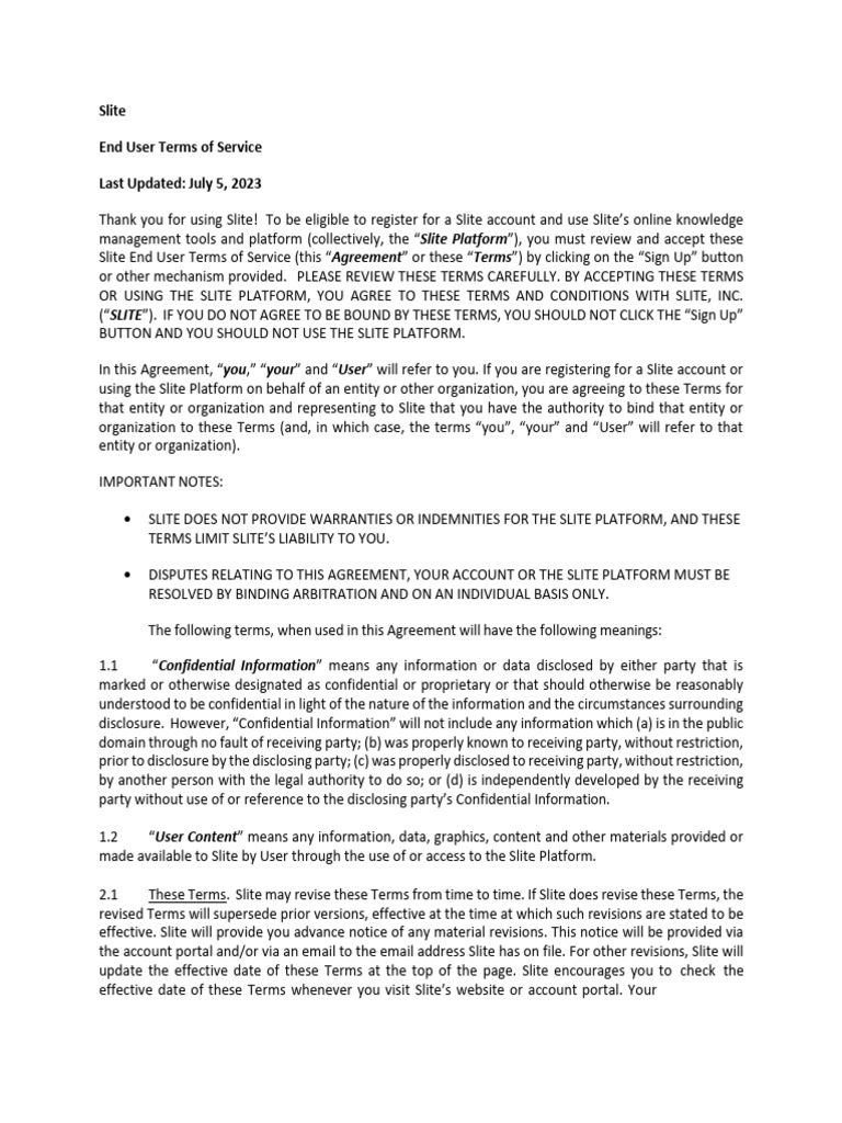 Slite End User Terms of Service | PDF | Arbitration | Damages