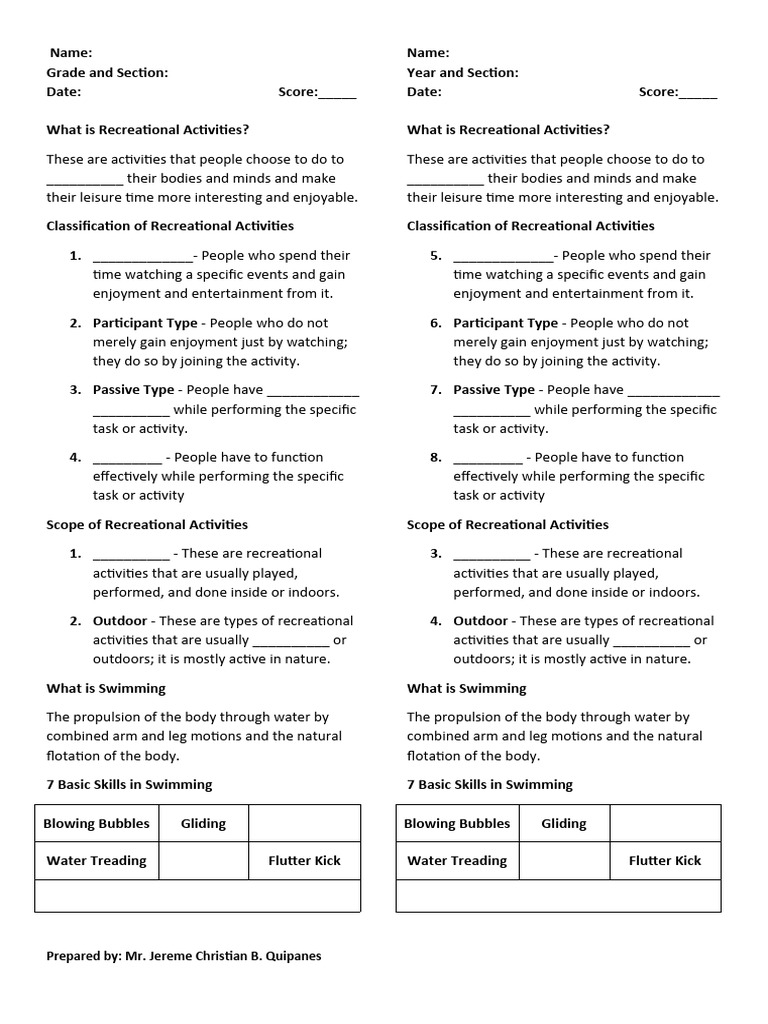 Recreational Activity - Swimming | PDF | Swimming (Sport) | Recreation
