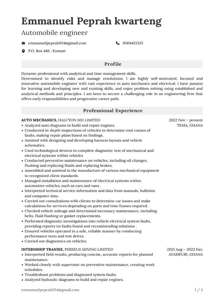 Emmanuel Peprah Kwarteng: Automobile Engineer | PDF | Auto Mechanic | Car