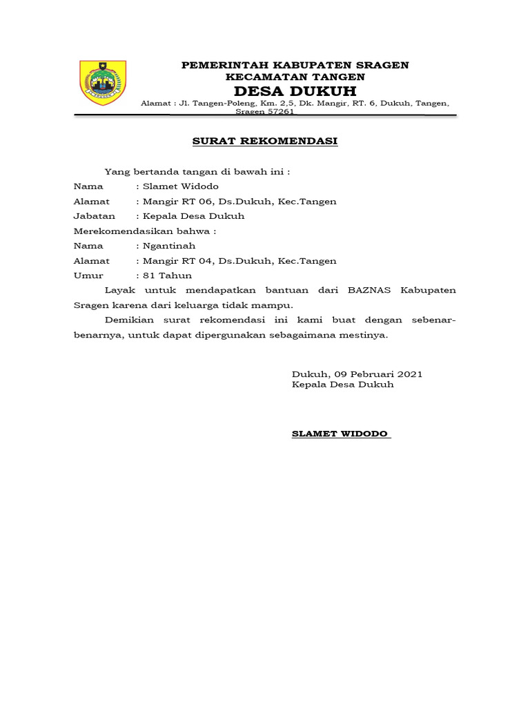 Contoh Surat Rekomendasi Bantuan Baznas | PDF