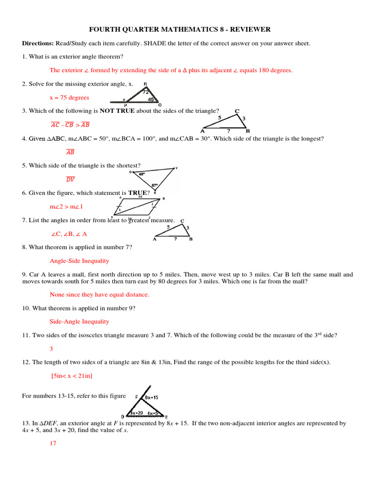 Mathematics 8 4TH Quarter Reviewer | PDF | Triangle | Perpendicular