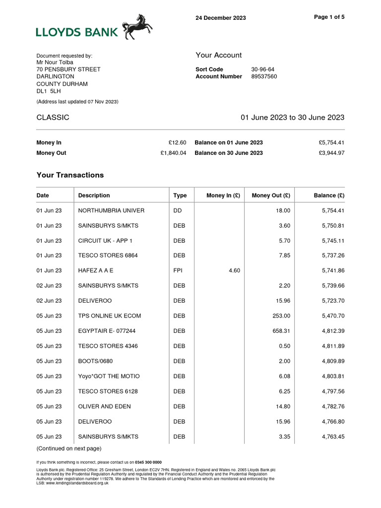 Lloyds Bank Account Statement Summary | PDF | Banks | Business