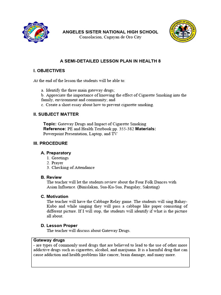 Gateway Drugs Lesson Plan for Grade 8 | PDF | Tobacco Smoking | Addiction