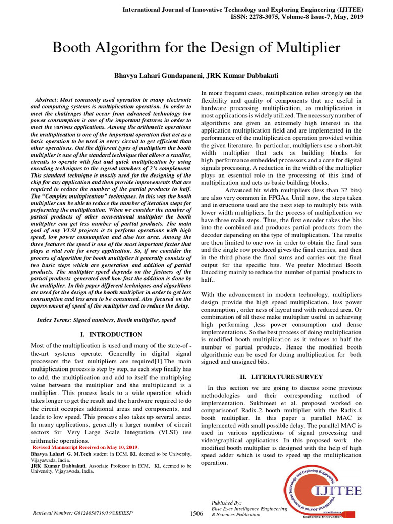 Booth Algorithm For The Design of Multiplier: Bhavya Lahari Gundapaneni, JRK Kumar Dabbakuti ...