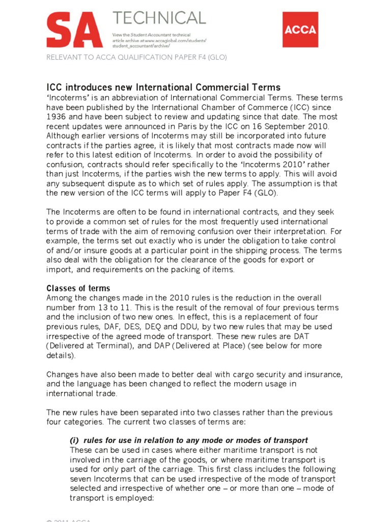 ICC Introduces New International Commercial Terms: Relevant To Acca ...