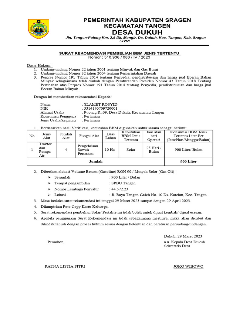 Rekomendasi Pembelian Solar Desa Dukuh | PDF