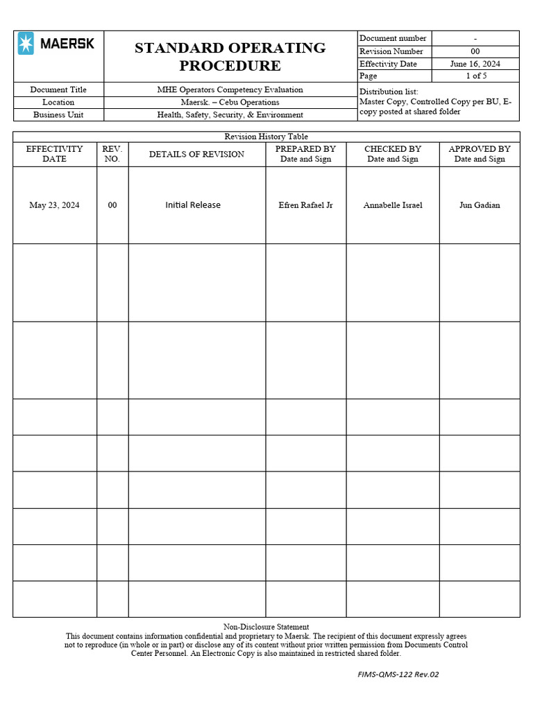 Mhe Operators Competency Evaluation Sop | PDF | Non Disclosure ...
