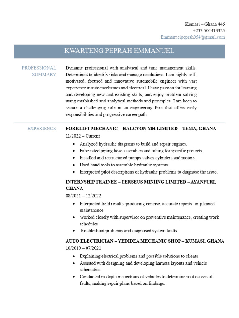 Emmanuel Kwarteng - Resume | PDF | Auto Mechanic | Car