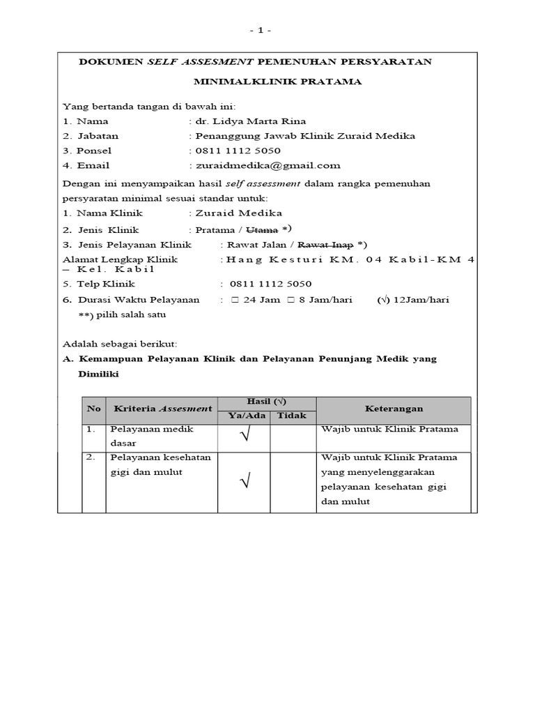 Dokumen Self Assesment Pemenuhan Persyaratan Minimal Klinik Pratama ...