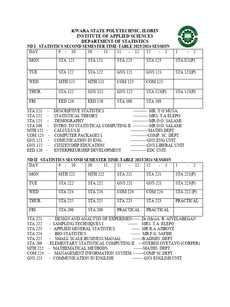 ND Second Semester Time Table 2023 - 2024 | PDF | Research Methods ...