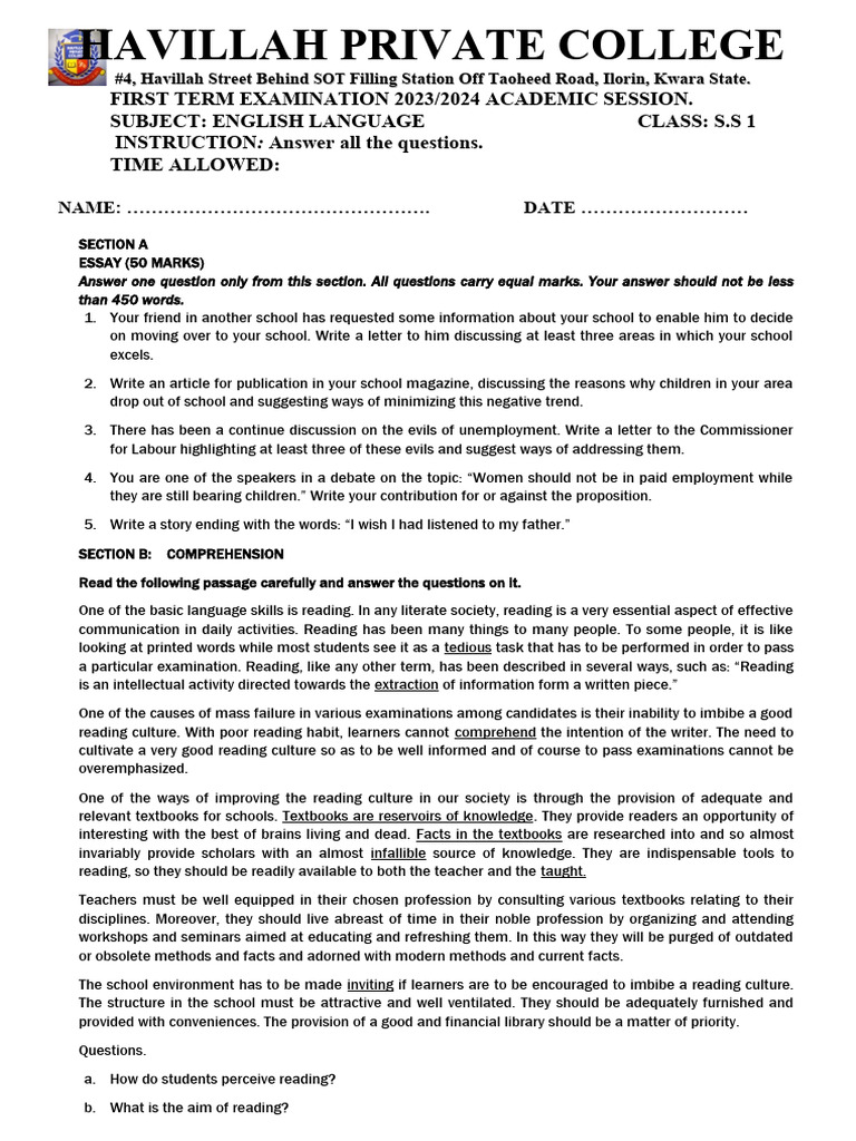 SS 1 English First Term Exam Doc 2023 - 2024 Academic Session | PDF ...