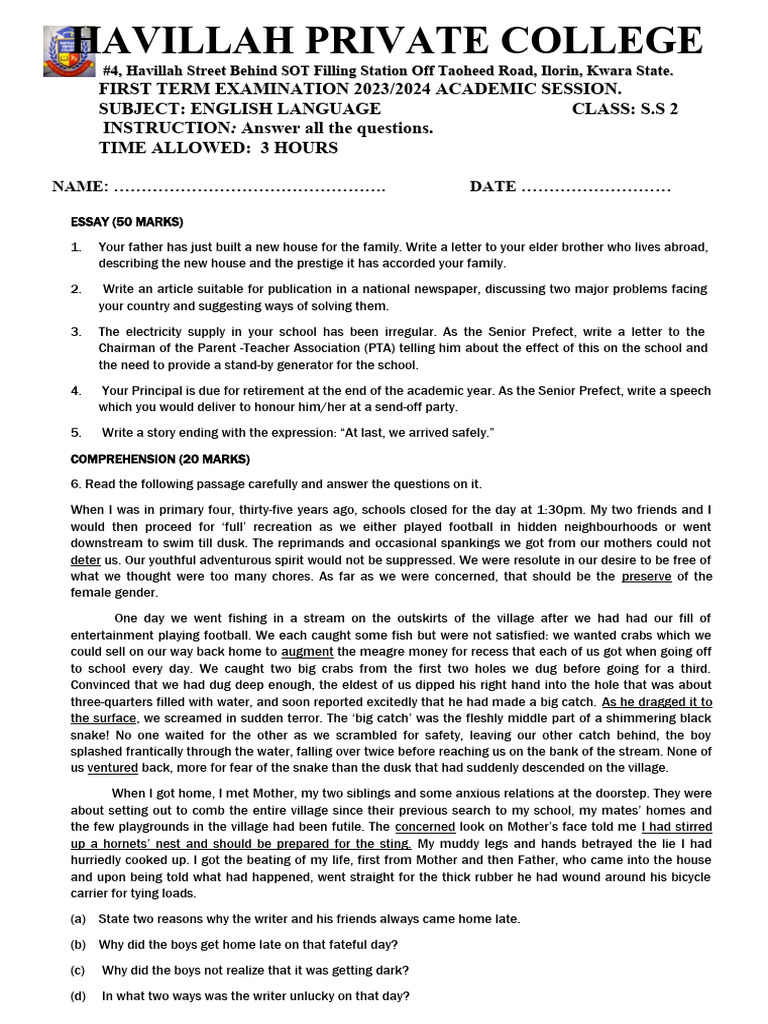 SS 2 English First Term Exam Doc 2023 - 2024 Academic Session ...