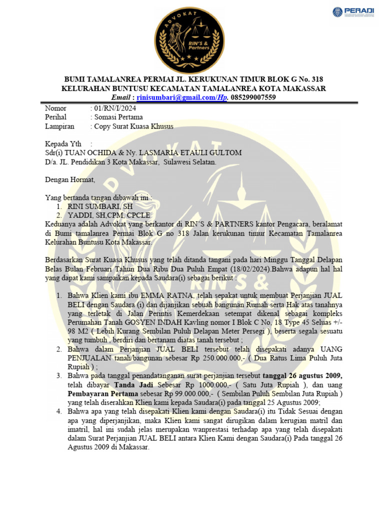 KOP SURAT ADV RINS (1) SOMASI 1 LASMARIA GULTOM 11032024 New | PDF