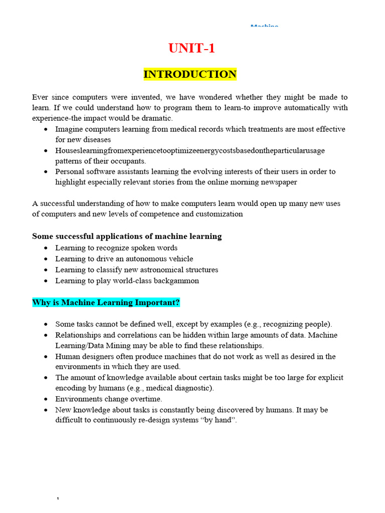 ML - Unit 1 - Part I | Download Free PDF | Machine Learning | Function (Mathematics)