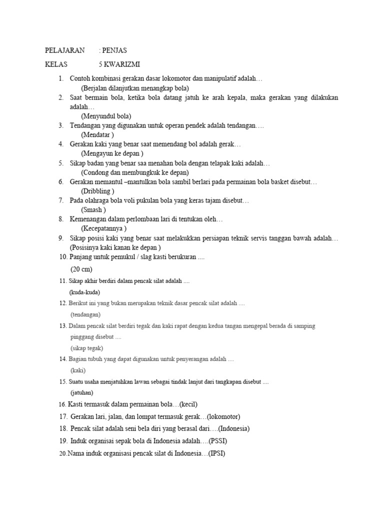 Soal Cerdas Cermat Penjas Kelas 5 | PDF