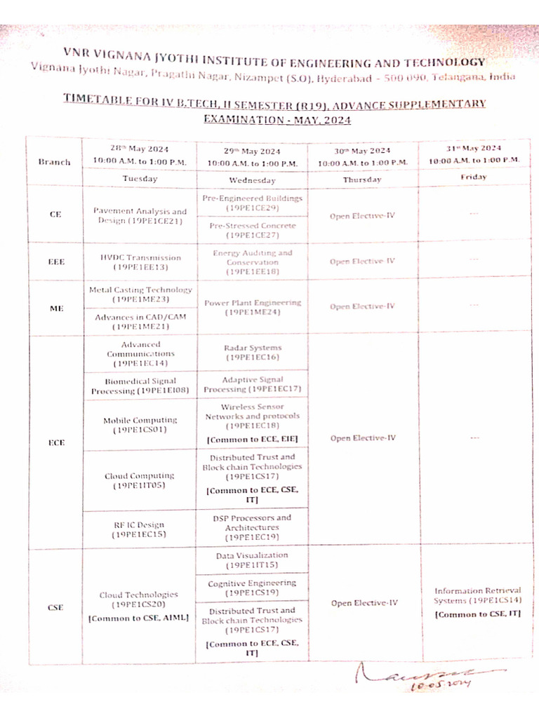 Timetable For Iv B.tech Ii Sem (R19), Advance Supplementaryexam - May ... Timetable For Iv B.tech Ii Sem (R19), Advance Supplementaryexam - May ...