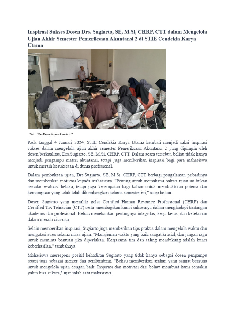 Berita Inspirasi Sukses Dosen Sugiarto, SE, M.Si, CHRP, CTT Dalam Mengelola Ujian Akhir Semester ...