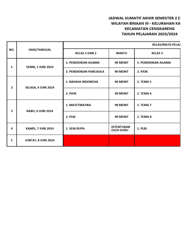 Jadwal Sas 2 SDN Kapuk 14 Pagi Tahun 2024 | PDF
