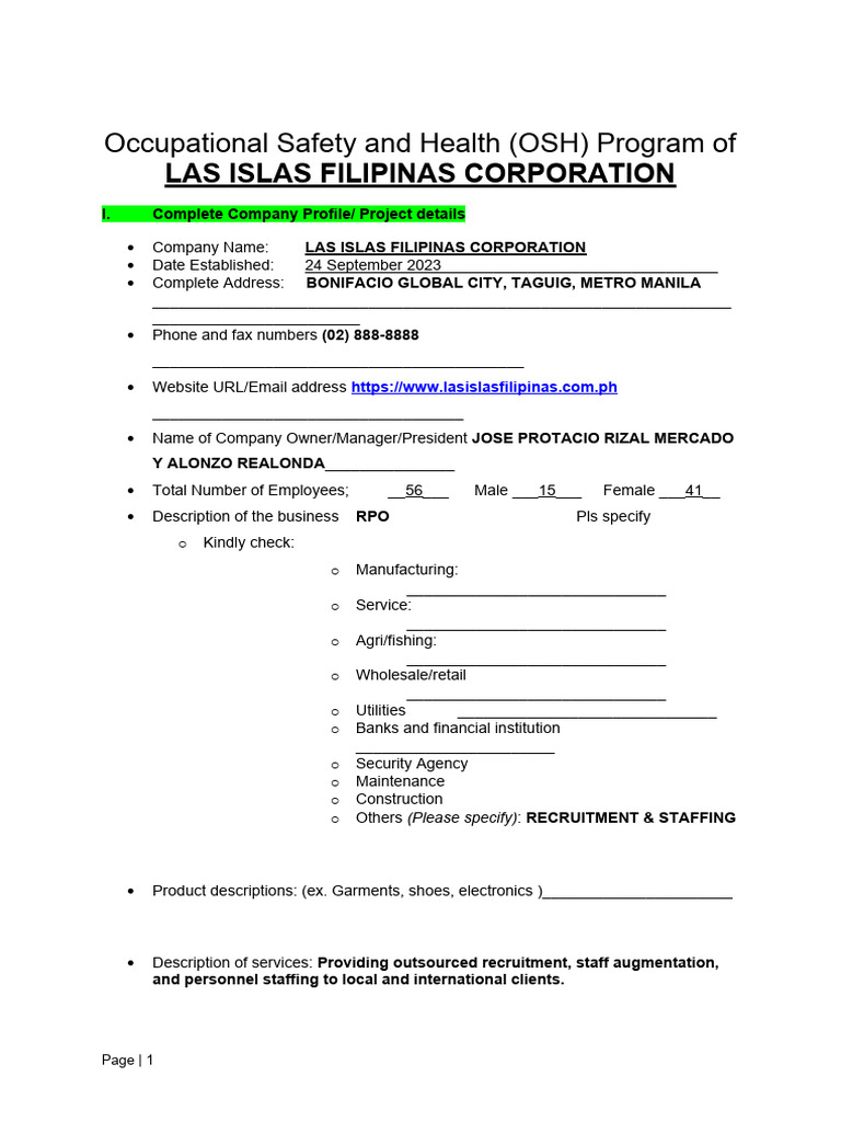 OSH Program for Las Islas Filipinas | PDF | Occupational Safety And ...