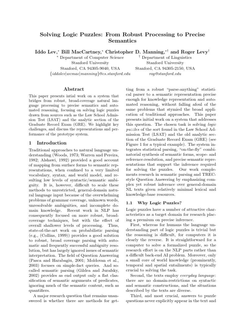 Solving Logic Puzzles: From Robust Processing To Precise Semantics | PDF | Parsing | Scope ...