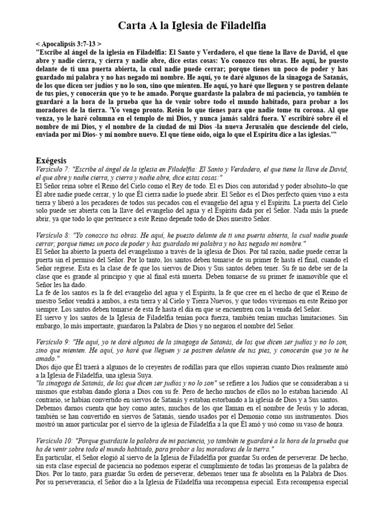 Carta A La Iglesia de Filadelfia | PDF | Iglesia cristiana | Satán