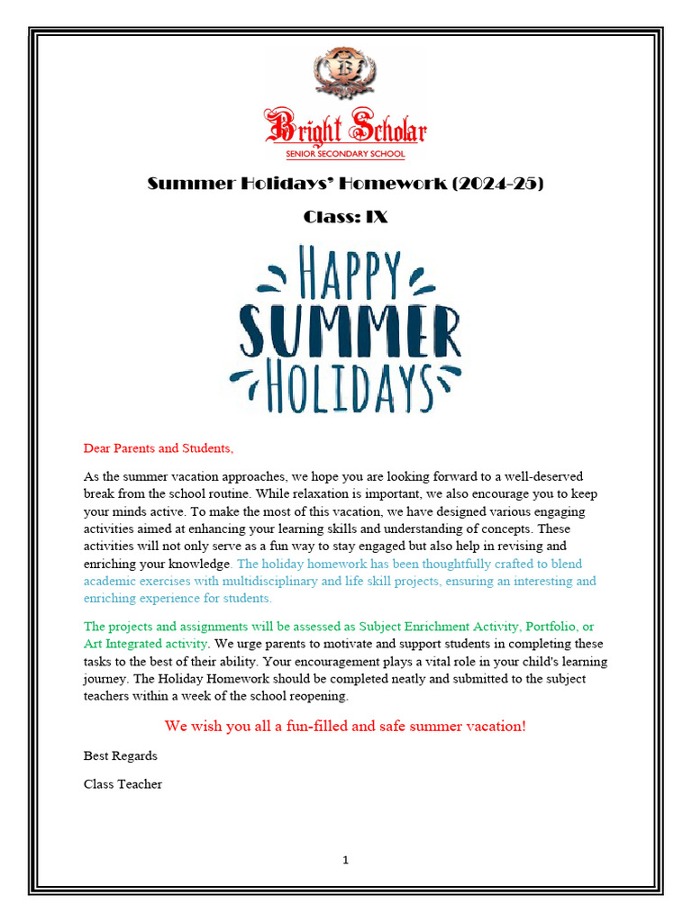 Class 9 Summer Vacation Homework 2024-25 | PDF | Science | Learning